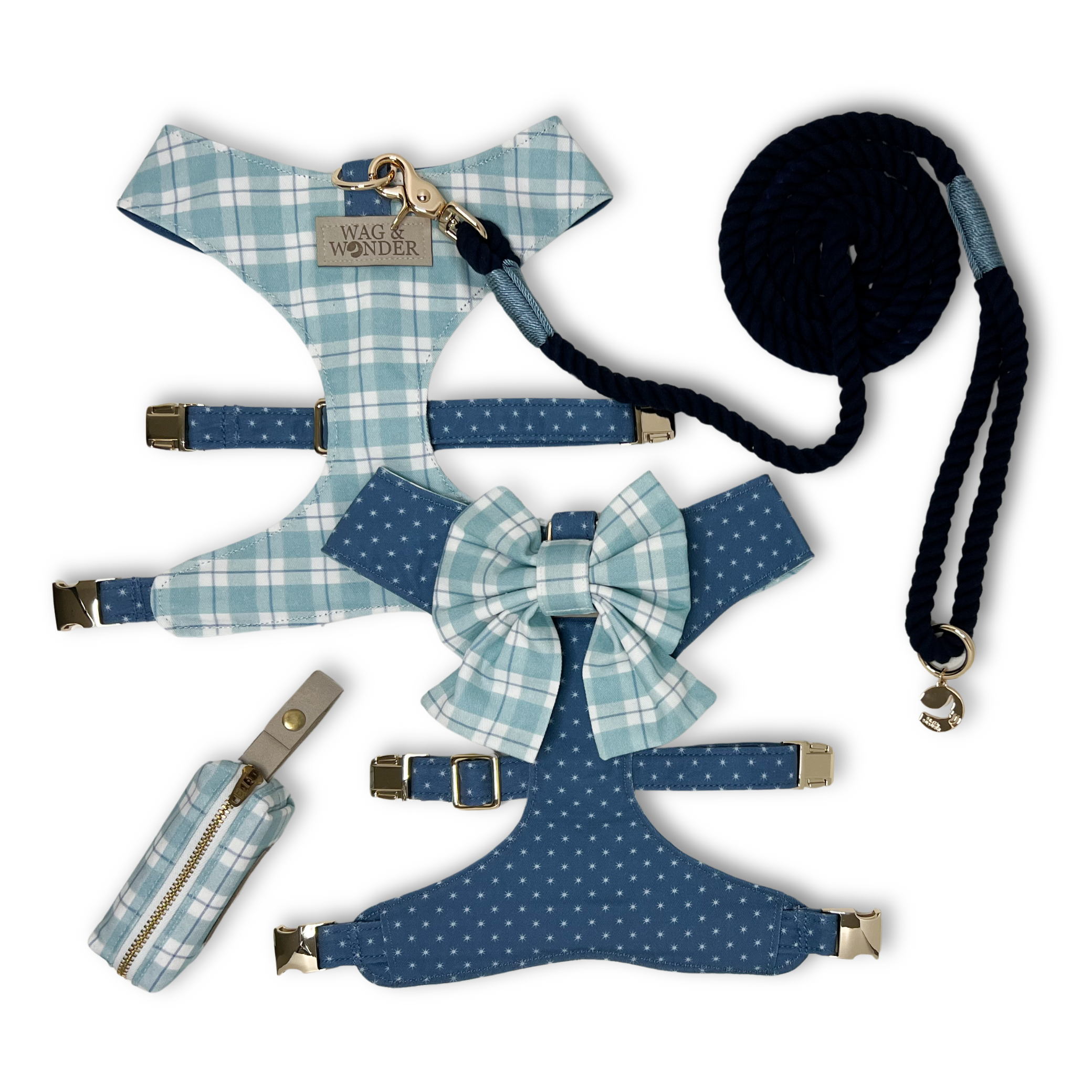 Seaside Reversible Dog Harness + Sailor Bow Walk Set – Wag & Wonder